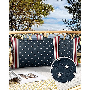 Lumbar Pillow Covers 12 x 20 Inches, 4th of July Waterproof Pillow Protector Set of 2 Throw Pillowcases, Independence Day Patriotic Star Red Line Rectangle Cushion Covers for Patio/Tent/Couch/Garden