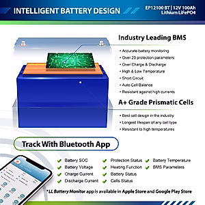 ExpertPower 12V 100Ah Lithium LiFePO4 Deep Cycle Rechargeable Battery | Bluetooth | 2500-7000 Life Cycles & 10-Year Lifetime | Built-in BMS | RV, Van, Solar, Trolling Motor, Overland, Off-Grid