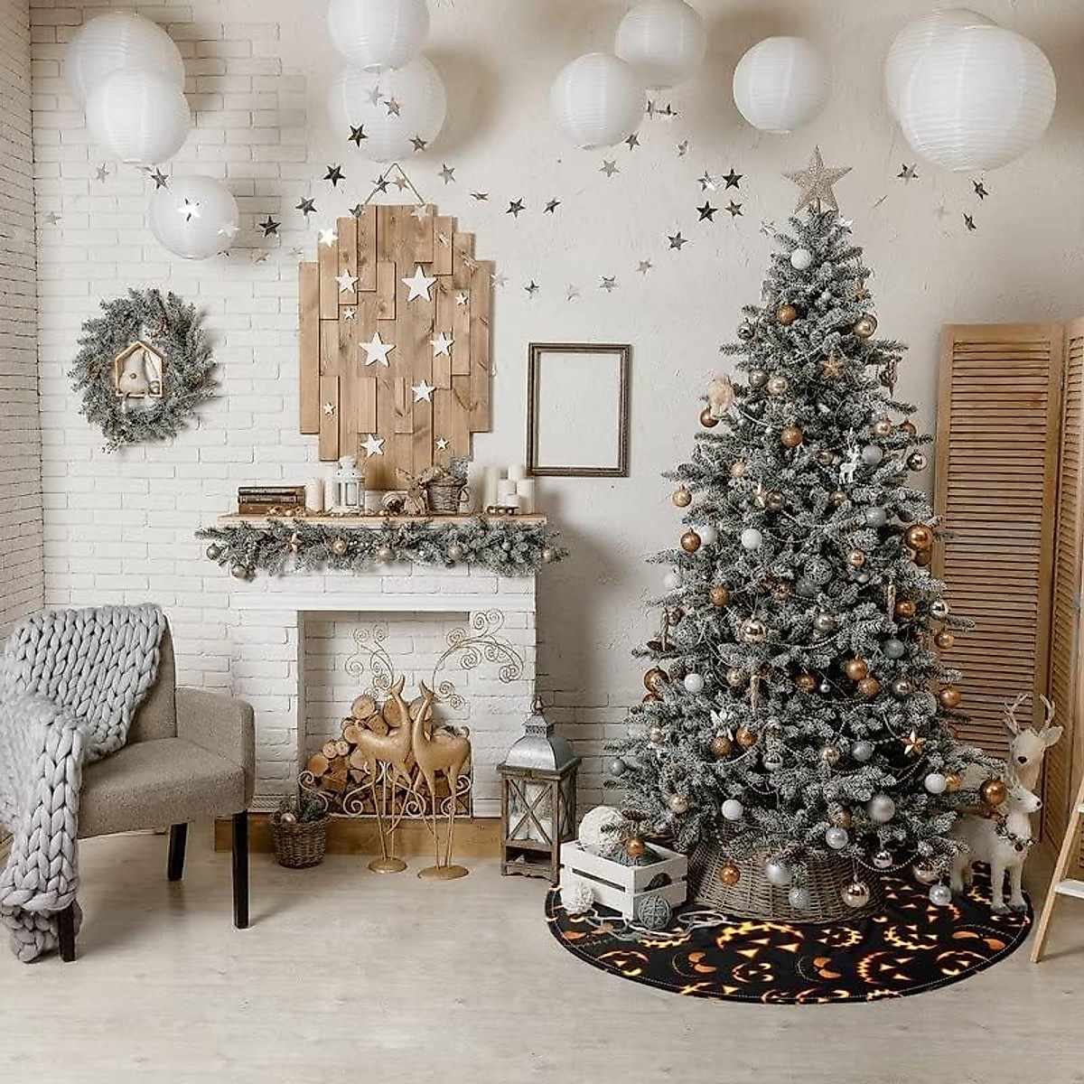 Halloween Tree Skirt 36Inch Pumpkin Smile Face Halloween Christmas Tree Decoation Horror Skulls Tree Skirt for Holiday Home Party Decor