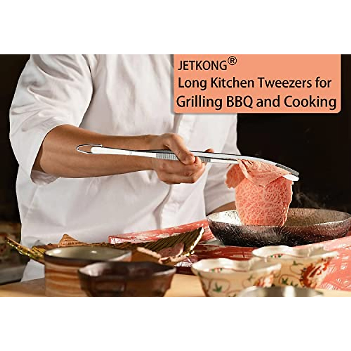 JETKONG 2 Pcs 12'' Curved Kitchen Tweezers Stainless Steel Long Tweezer Tongs Professional Chef Tweezers for Cooking, Grilling and BBQ (Silver)