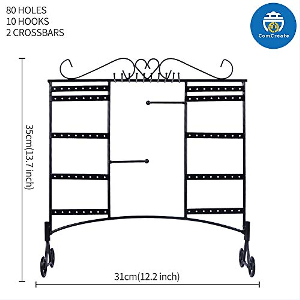 ComCreate Jewelry Organizer Stand with Removable Foot Large Capacity Jewelry Stand with 80 Holes/10 Hooks and 2 Crossbars