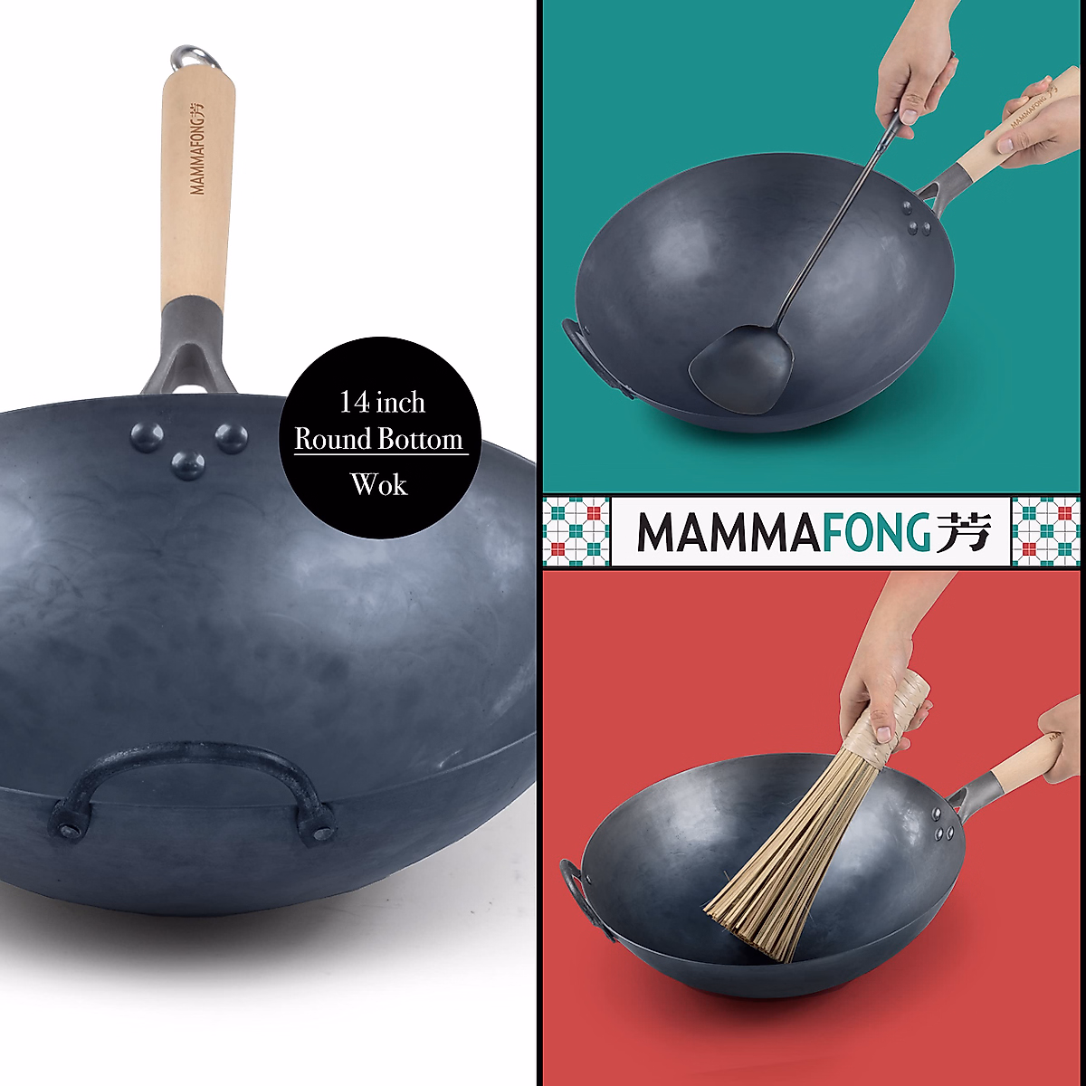Mammafong Traditional Hand Hammered Pre-seasoned Round Bottom Carbon Steel Wok Set with Wok Spatula and Bamboo Brush (14 inch preseasoned wok set)…