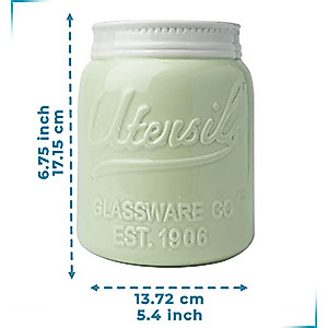 Comfify Wide Mouth Mason Jar Utensil Holder Decorative Kitchenware Organizer Crock, Chip Resistant Ceramic, Dishwasher Safe - Kitchen Caddy Green, Large Size 7" High