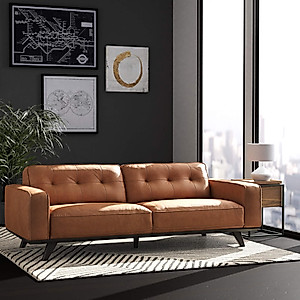 Modern Leather Sofa Couch with Wood Base, 89.4" W, Cognac/Espresso