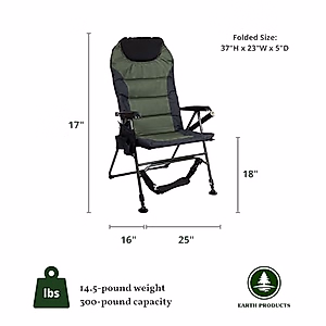 Earth Executive Folding Fishing Chair, Ultimate Comfort with Reclining Feature, Sleek Design, and Adjustable Extending Legs, Ideal for Fishing, Camping, Picnics, Sporting Events, and Tailgates
