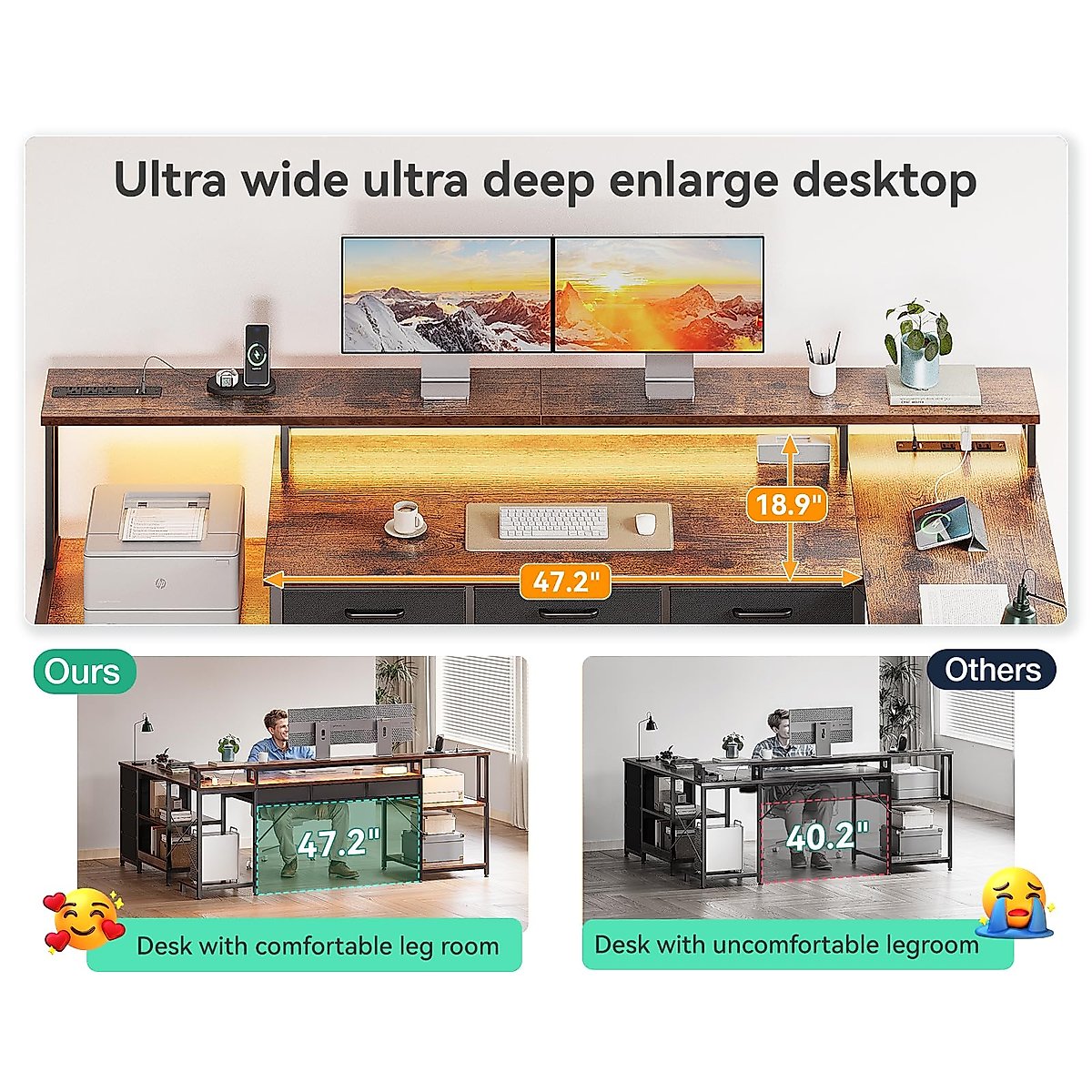 AODK 79" L Shaped Desk with 7 File Drawers, L Shaped Computer Desk with 2 Power Outlets & Monitor Shelf, Home Office Desk with Storage Shelves, Reversible Gaming Desk with LED Light, Vintage