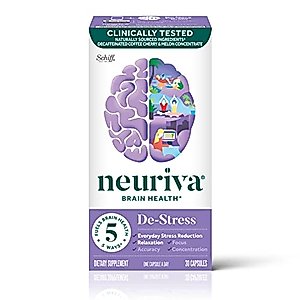 NEURIVA Destress Brain Supplement for Focus, Concentration & Accuracy with L-Theanine for Relaxation & Everyday Stress Reduction and Melon Concentrate to Help Fight Oxidative Stress, 30ct Capsules