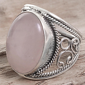 NOVICA Artisan Handmade .925 Sterling Silver Rose Quartz Cocktail Ring Crafted from Indonesia Pink Pale Dogwood Birthstone [0.9 in L x 0.8 in W x 0.3 in H 3 mm W] 'Pink Moon'