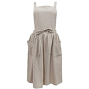 losofar Women Girls Vintage Apron Adjustable Gardening Works Cross Back Cotton/Linen Blend Aprons Pinafore Dress with Two Pockets (beige, one size)