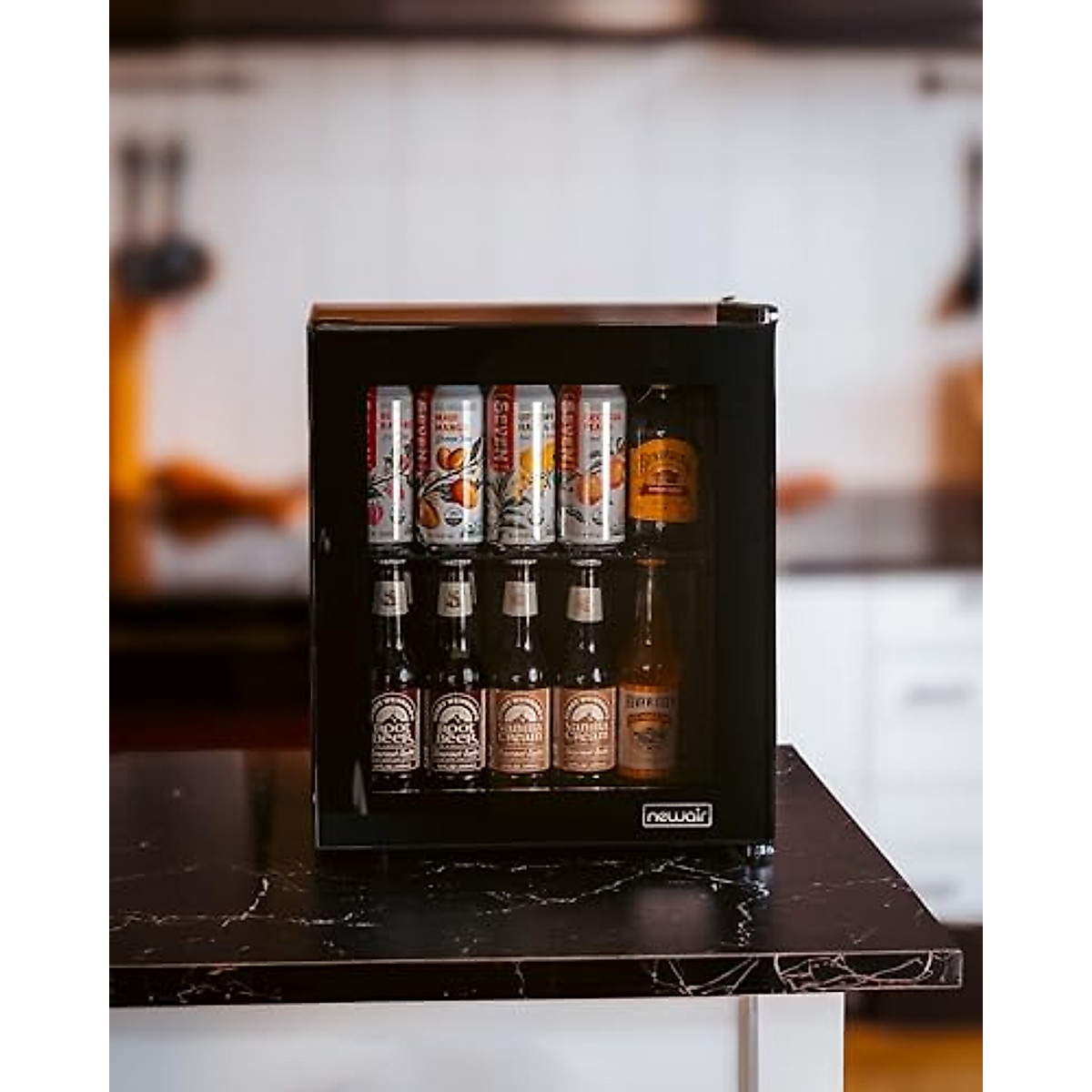 NewAir Beverage Fridge and Cooler with Reversible Glass Door, 60 Can Freestanding Mini Fridge in Black with Door Alarm, Perfect for Work from Home Station, Dorms, and More