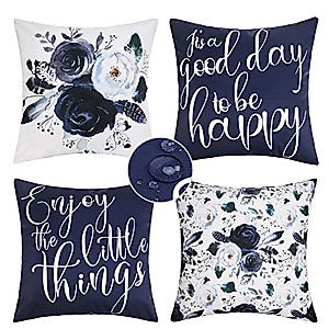 Merrycolor Set of 4 Outdoor/Indoor Pillow Covers 18x18 Waterproof Navy Blue and White Floral Decorative Pillow Covers Outdoor Pillows for Patio Furniture
