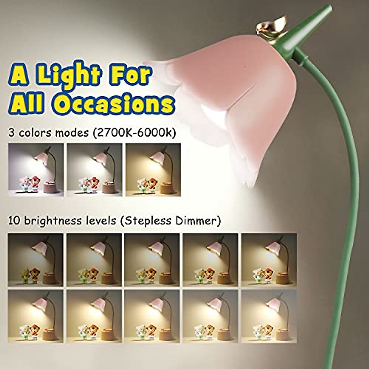 Neporal Small Desk Lamp, Rechargeable LED Desk Lamp Touch Control with 360° Bendable Adjustable Neck , Kawaii Room Accessories, Dimmable Cute Desk Lamp, Pink