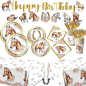 Horse Birthday Party Decorations-143Pcs Pink Floral Horse Birthday Tableware Kit Horse Western Cowgirl Theme Birthday Including Paper Plates, Napkins for Kids Birthday Baby Shower Decor (Horse)