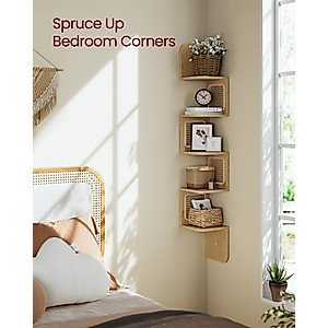 VASAGLE 5-Tier Corner Shelf, Wall Mounted Floating Shelf, Zigzag Corner Shelf Unit, PVC Rattan Sides, Space-Saving, for Kitchen, Living Room, Bedroom, Boho Style, Oak Beige ULLS582Y57