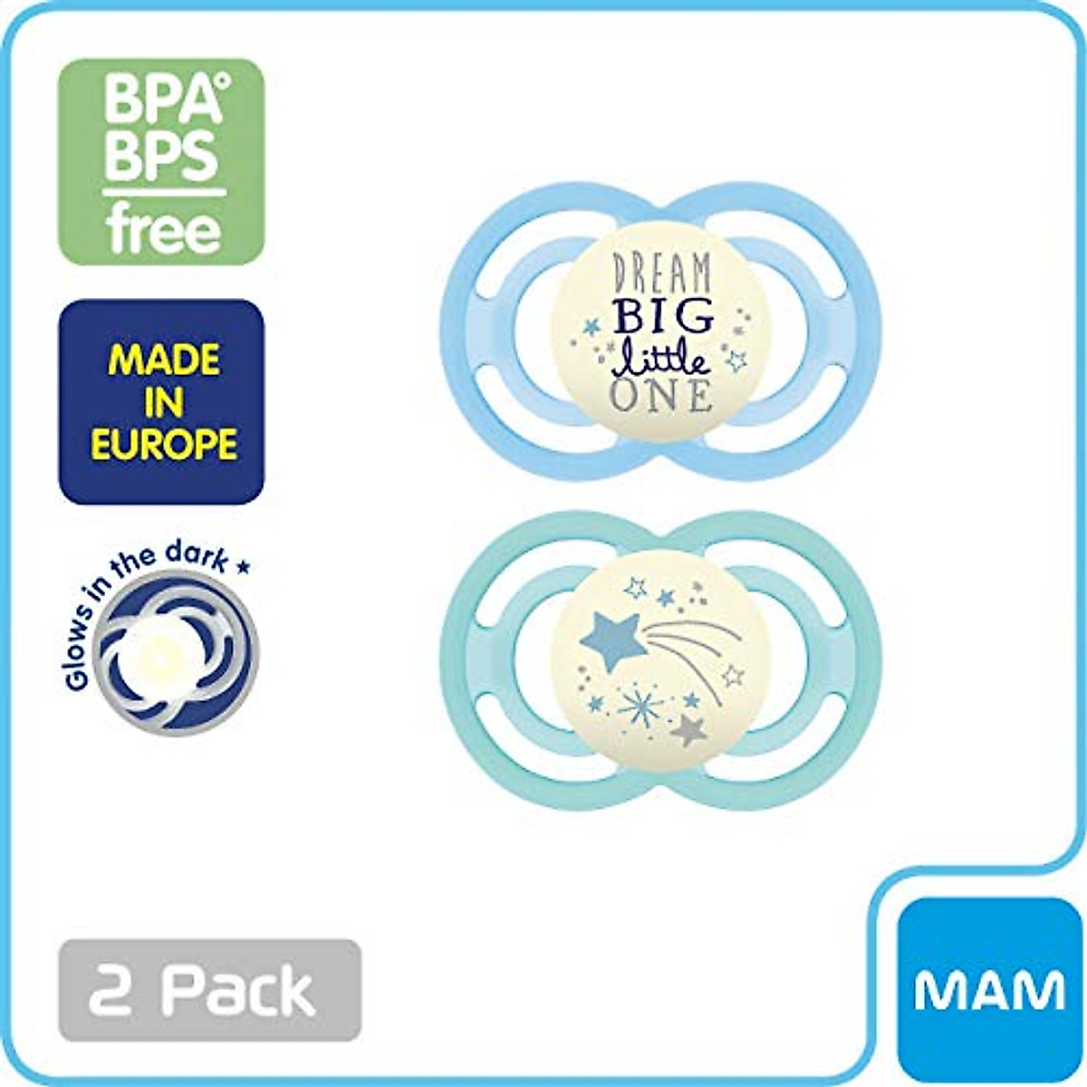 MAM Perfect Night Baby Pacifier, Patented Nipple, Glows in the Dark, 2 Pack, 6-16 Months, Boy (Design May Vary)