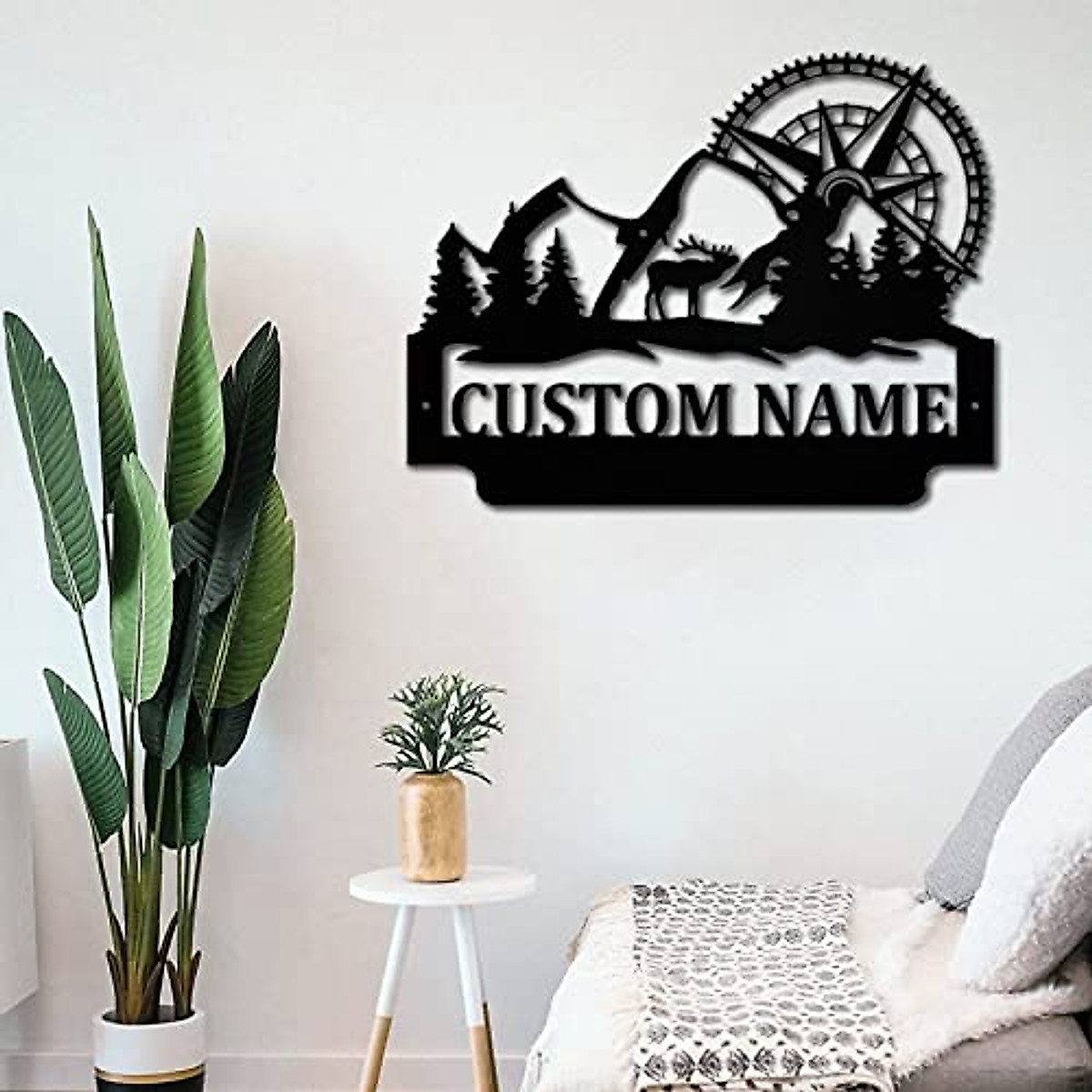 Gotstorms Custom Mountains Deer Compass Metal Wall Art, Personalized Mountains Deer Name Sign Decoration for Room, Deer Home Decor, Custom Deer