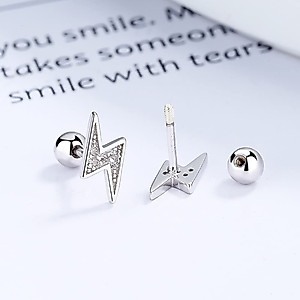 18G Lightning Bolt Cartilage Stud Earrings 925 Sterling Silver Cubic Zirconia Crystal Helix Tragus Studs Earring Barbell Bar Conch Daith Ear Piercing with Screw Back Ball Dainty Jewelry Gifts for