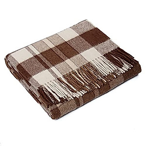 Scottish Dusk - Alpaca Throw Blanket Handwoven Soft Warm Camel/Ivory/Brown Plaid Design 76" x 68"