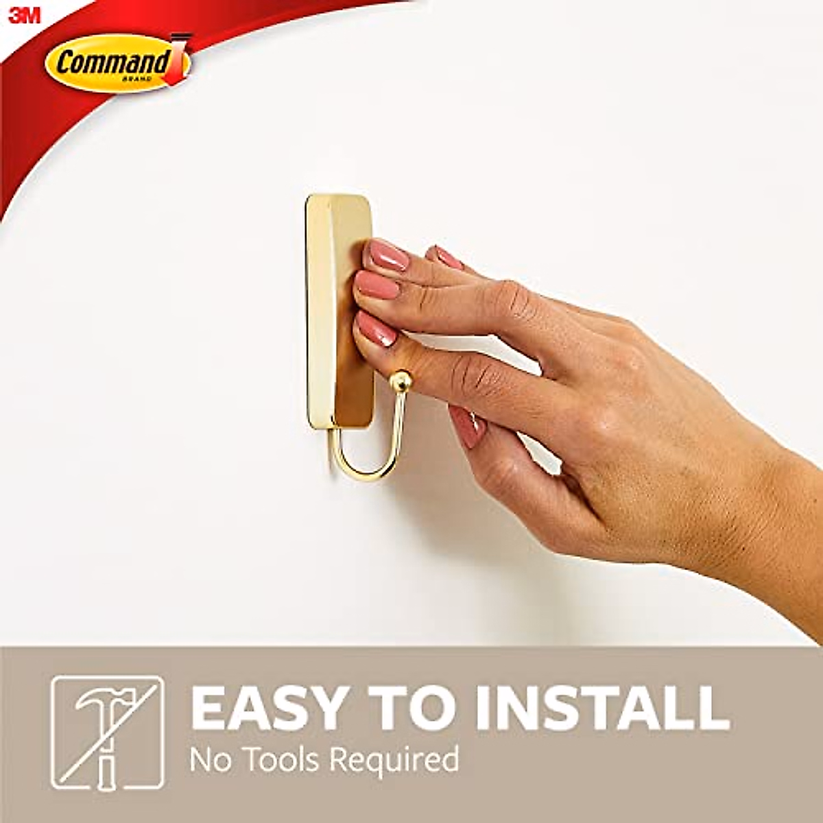 Command Medium Decorative Wall Hooks, Damage Free Hanging Wall Hooks with Adhesive Strips, No Tools Wall Hooks for Hanging Decorations in Living Spaces, 1 Satin Brass Hook and 2 Command Strips