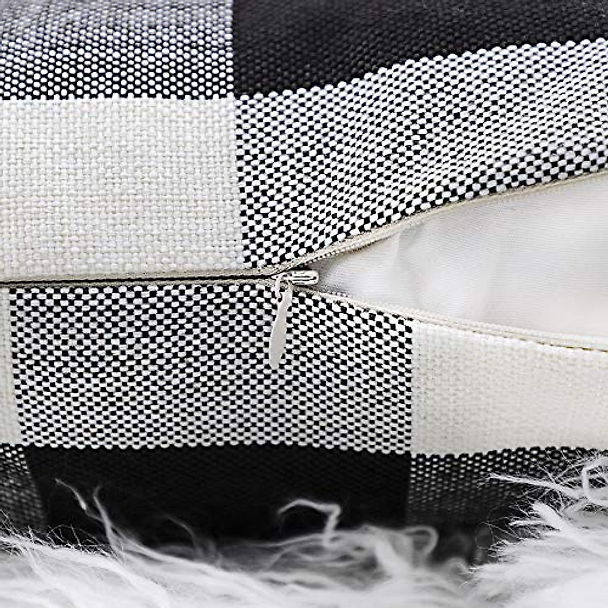 4TH Emotion Set of 2 Farmhouse Buffalo Check Plaid Throw Pillow Covers Cushion Case Polyester Linen for Fall Home Decor Black and White, 12 x 20 Inches