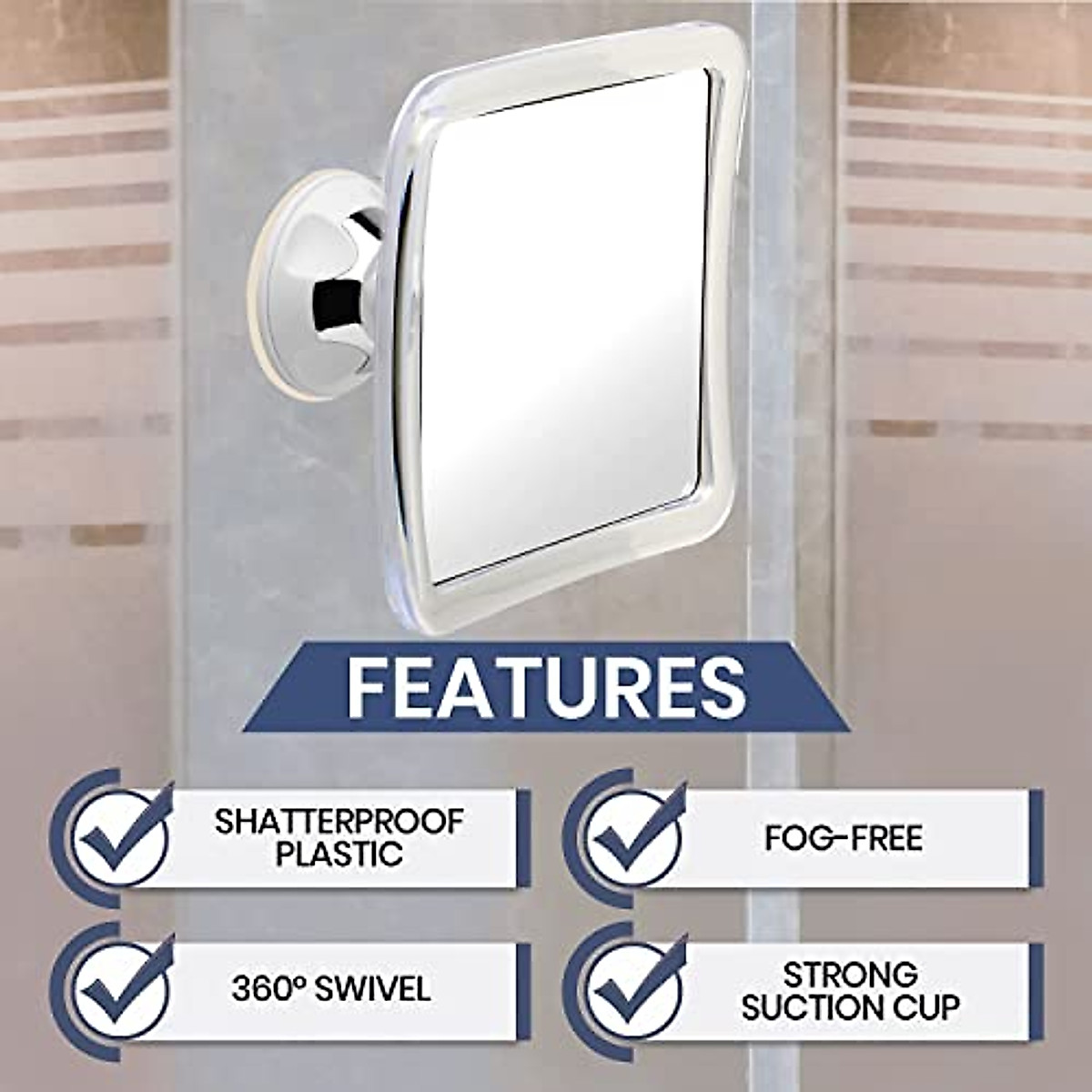 Fogless Shower Mirror for Shaving with Upgraded Suction, Anti Fog Shatterproof Surface and 360° Swivel - Includes Optional Hook Accessory To Transform Suction Mirror Into Hanging Mirror - 6.3" x 6.3"