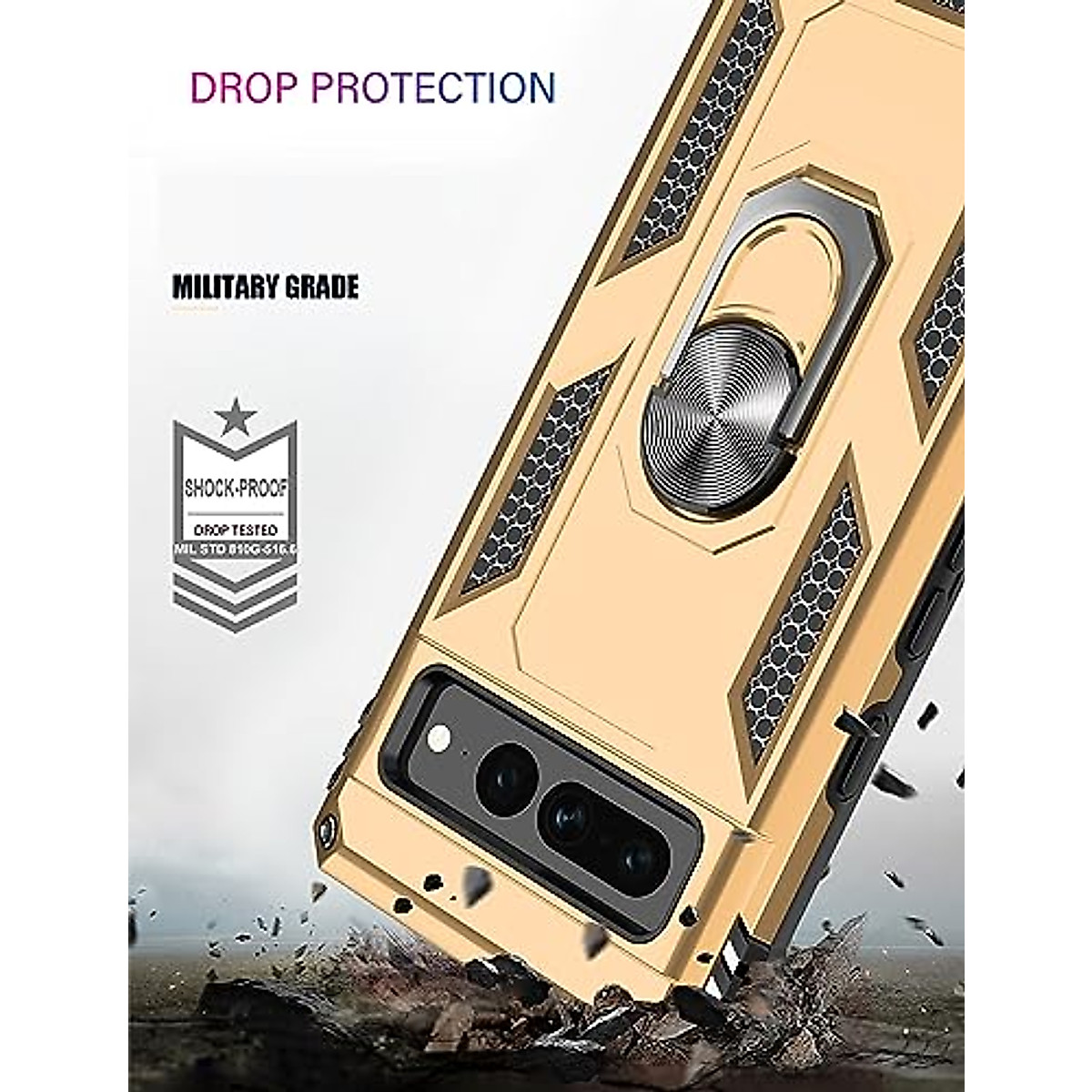 IKAZZ Suitable for Google Pixel 7 Pro Case,Military Grade Shockproof Heavy Duty Protective Phone Cover Pass 16ft Drop Test with Magnetic Kickstand Car Mount Holder Gold