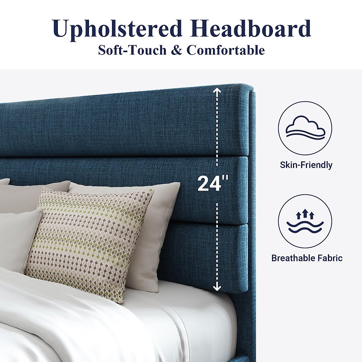Allewie Full Size Platform Bed Frame with Fabric Upholstered Headboard and Wooden Slats Support, Fully Upholstered Mattress Foundation/No Box Spring Needed/Easy Assembly, Navy Blue