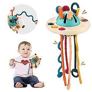Cawgug UFO Toy, Montessori UFO Silicone Pulling Toy, UFO Silicone Pull String Sensory Toys for Toddler, Travel Toys for Toddlers 1-3, First Birthday Gift for Boys Girls