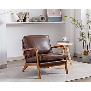 Upholstered Mid Century PU Leather Accent Chair, Comfy Lounge Armchair with Thicken Cushion, Modern Wooden Arm Chair, Sturdy Reading Chair for Living Room, Bedroom, 300 LBS Weight Capacity, Brown