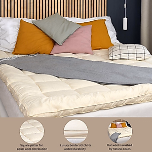 Woolie 100% Merino Wool Mattress Topper for Back Pain Relief Natural Handmade Merino Wool Pad 2 Inches Thick Cooling Breathable with 2 Elastic Straps, Ivory King 78x80 Inches