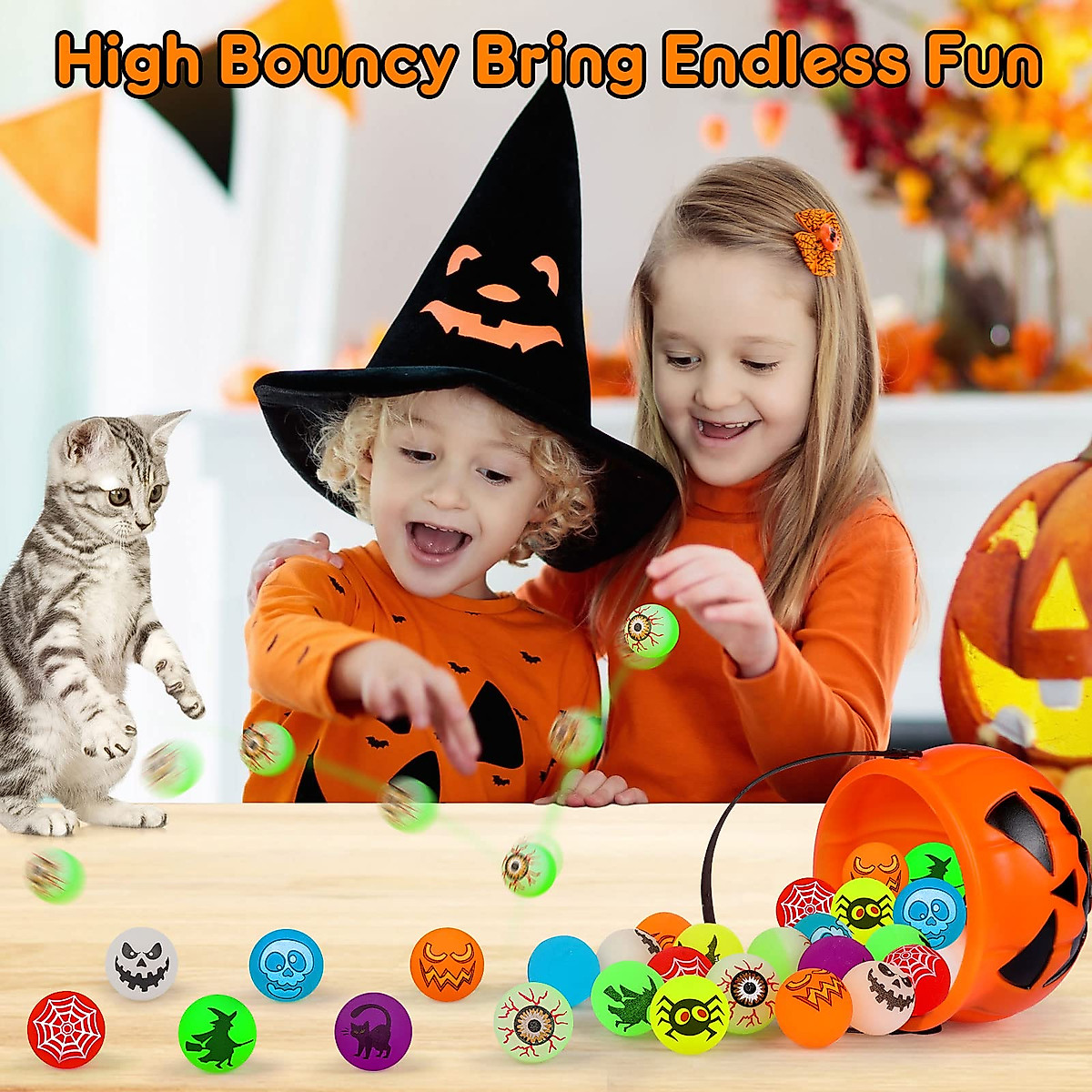 Halloween Party Favors Kids Toys 64Pcs Halloween Toys Glow In The Dark Party Supplies Bouncy Balls Toys for Kids Halloween Party Decorations Favor Bag Fillers Trick or Treating Goodies