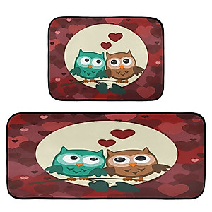 Cartoon Owls Couples Kitchen Rug Set of 2 Spring Mother's Day Floor Runner Mat Comfort Non Skid Bath Carpet Standing Mat Washable for Living Room Laundry Hallway Office Farmhouse
