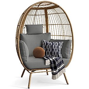 YITAHOME Egg Chair Wicker Outdoor Indoor, Oversized Lounger with 370lbs Capacity Large Egg Chairs with Stand Cushion Egg Basket Chair for Patio, Balcony, Bedroom - Grey