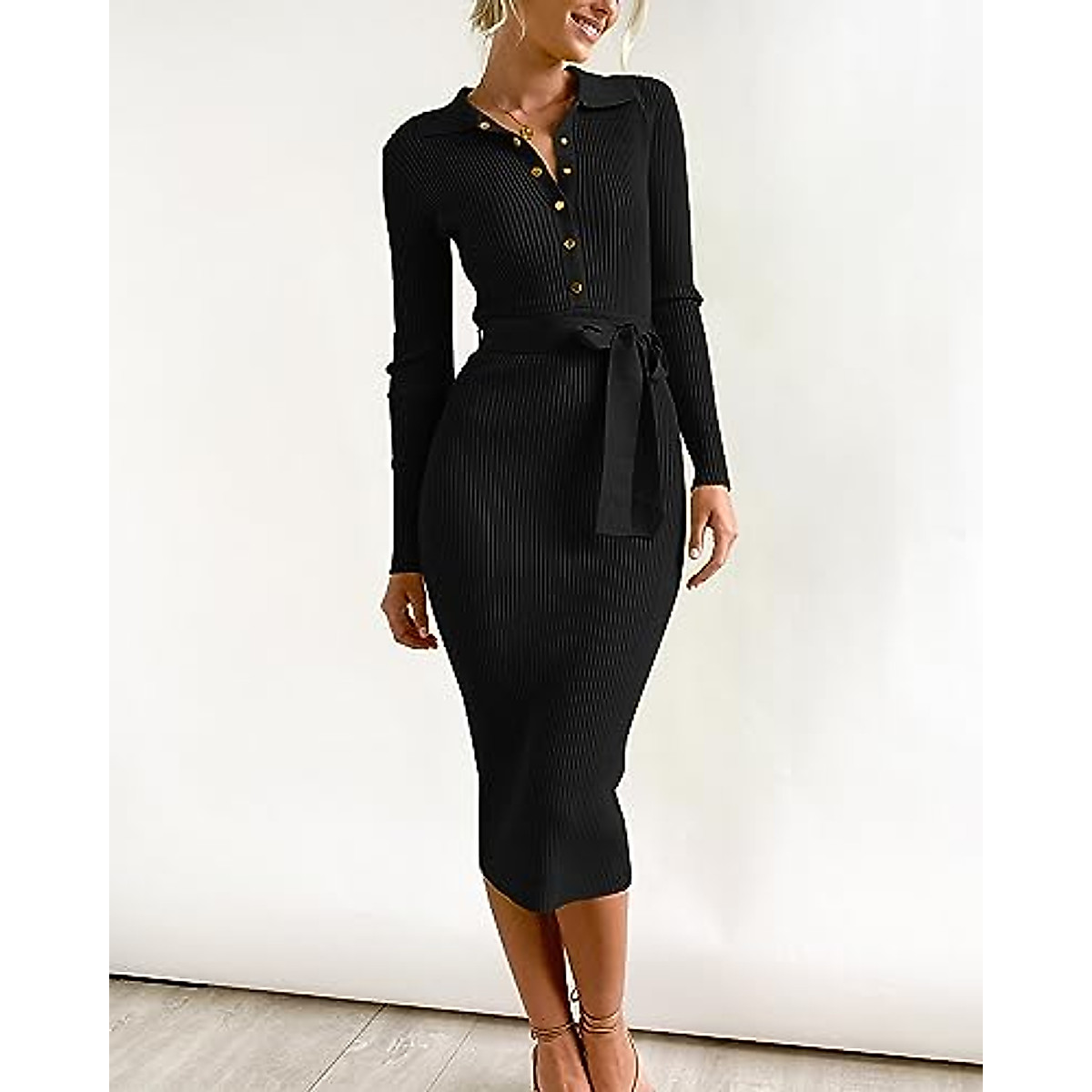 BTFBM 2023 Women V Neck Long Sleeve Bodycon Sweater Dress Button Up Tie Waist Ribbed Knit Midi Pencil Dresses with Belt(Solid Black, Large)