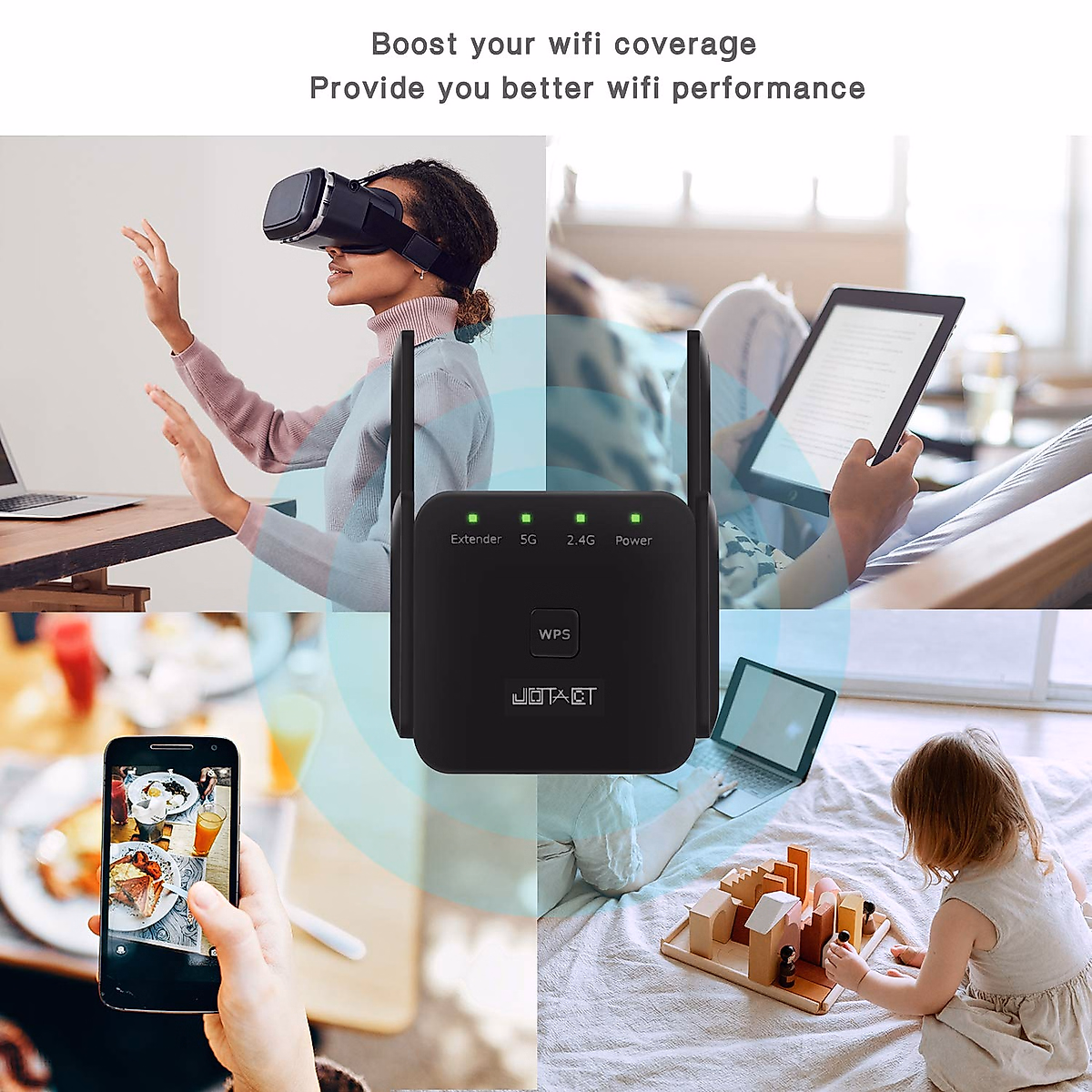 JOTACT WiFi Extender WiFi Booster and Signal Amplifier Covers Up to 6000 Sq.ft Speed Up to 1200Mbps for 15 Devices Internet Booster for WiFi Repeater Home Wireless Signal Booster with Ethernet Port