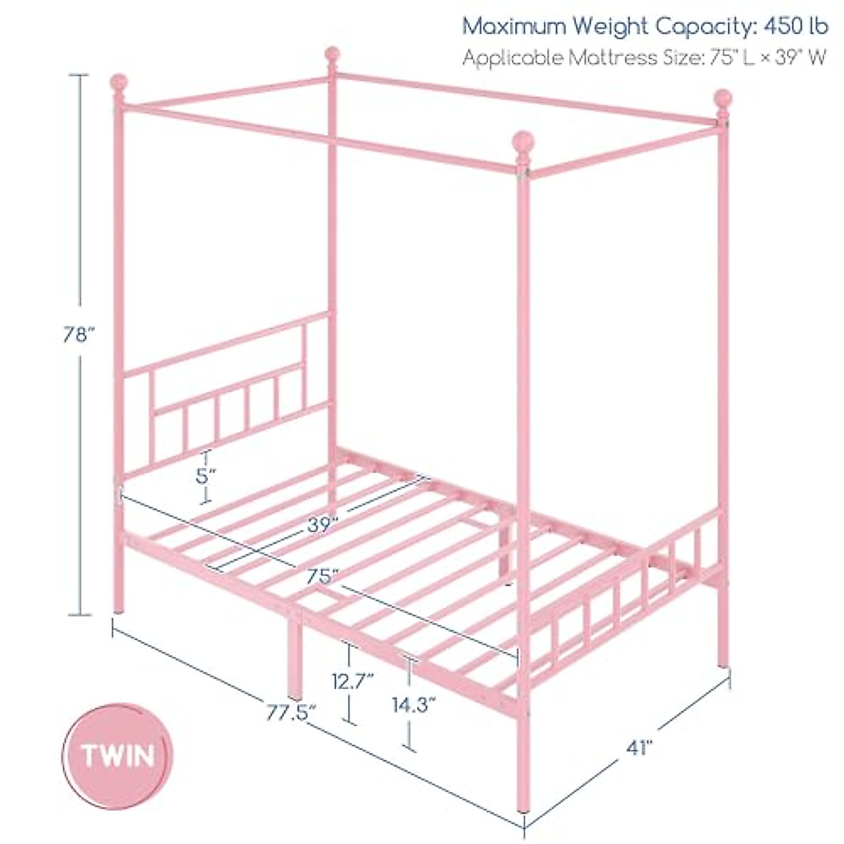 Yaheetech Twin Canopy Bed Frames Metal Platform Bed Frame Four-Poster Canopied Bed Mattress Foundation with Headboard and Footboard Sturdy Slatted Structure Easy Assembly No Box Spring Needed Pink