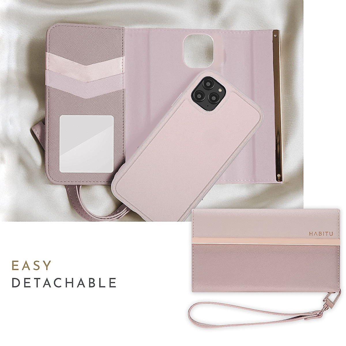 HABITU [Folio Collection 2022 Eris Tri-Fold Pink Wallet Case for iPhone 12 Pro Max, Detachable Vegan Leather Magnetic Folio with Card Pockets, Mirror & Strap for Women, for Women