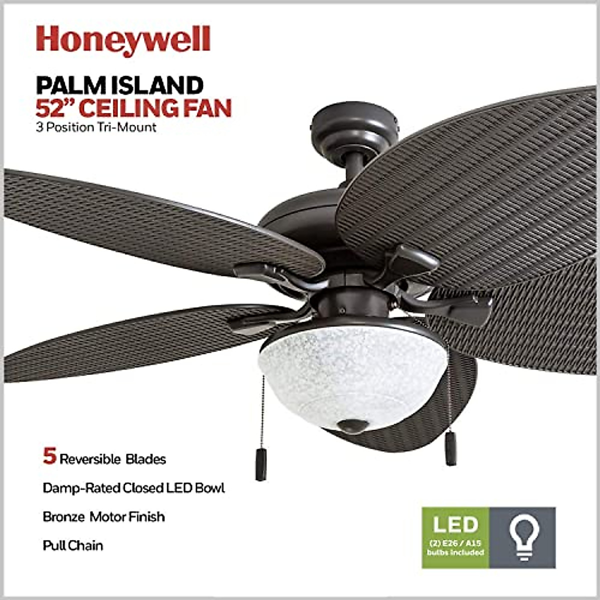 Honeywell Ceiling Fans Inland Breeze, 52 Inch Tropical Indoor Outdoor Ceiling Fan with Light, Pull Chain, Three Mount Options, Weather Resistant Blades - 50510-01 (Bronze)