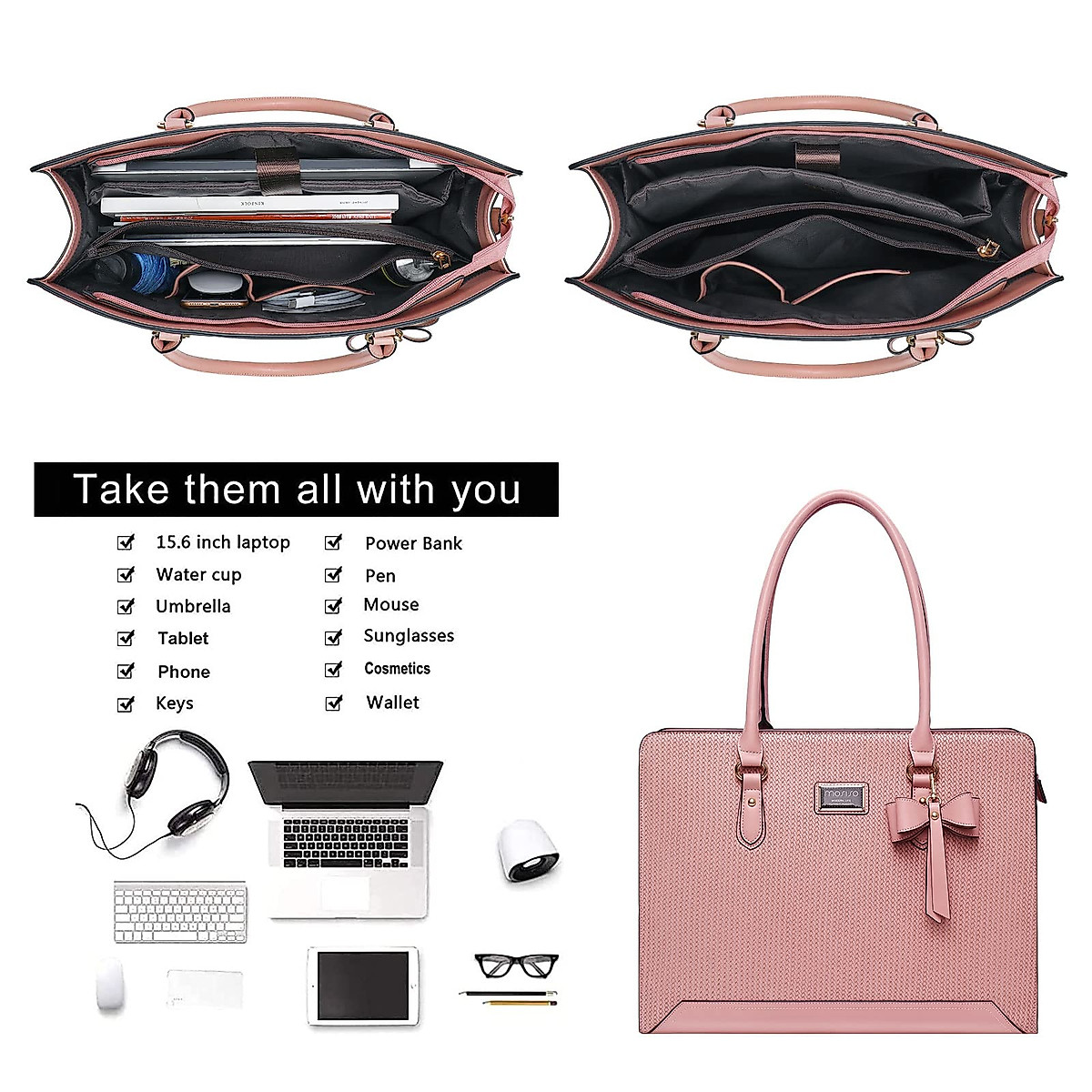 MOSISO Laptop Tote Bag for Women, 15.6 inch PU Leather Laptop Bag Compatible with MacBook, HP, Dell, Asus Notebook, Large Capacity Woven Travel Work Office Computer Briefcase & Clutch Purse, Pink