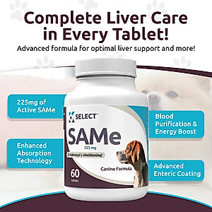 K9 Select SAM-e for Dogs: 225mg, 60 Tablets Active S-Adenosyl-L-Methionine Liver Supplement - Cognitive and Joint Health Nutrition for Medium and Large Dogs - Same Dog Liver Nutritional Supplement
