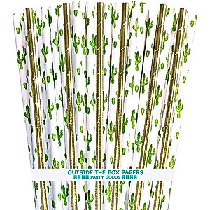 Cactus Theme Paper Straws - Green White Succulents and Gold Foil Drinking Straws - 100 Pack Outside the Box Papers Brand
