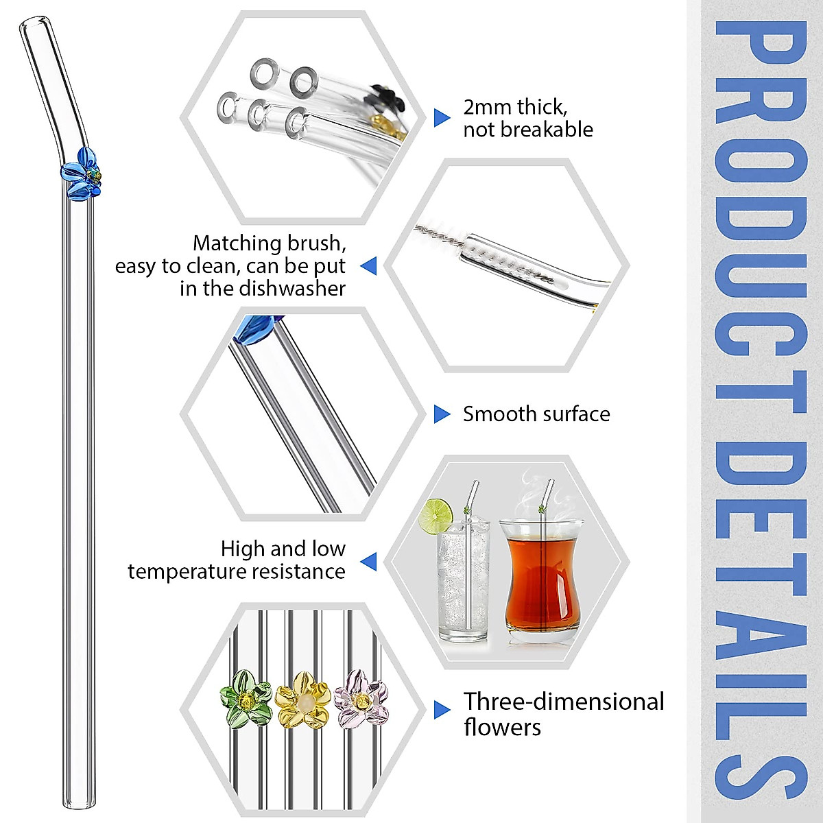 16 Pieces Reusable Glass Straw with Flower Cute Colorful Glass Straws with Design 7.87 x 0.31" Shatter Resistant Bend Straws and Cleaning Brush for Cocktail Hot or Cold Drinks