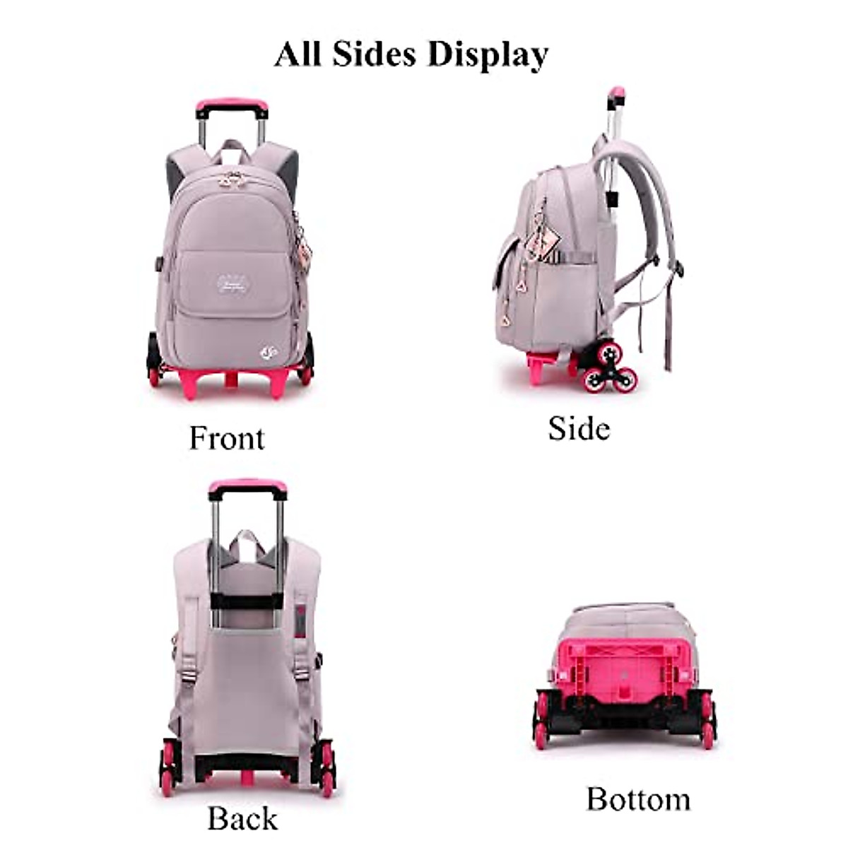 Mfikaryi Solid-Color Rolling Backpack for Girls Rolling Backpack for Kids Elementary Students with Wheel Travel Schoolbag