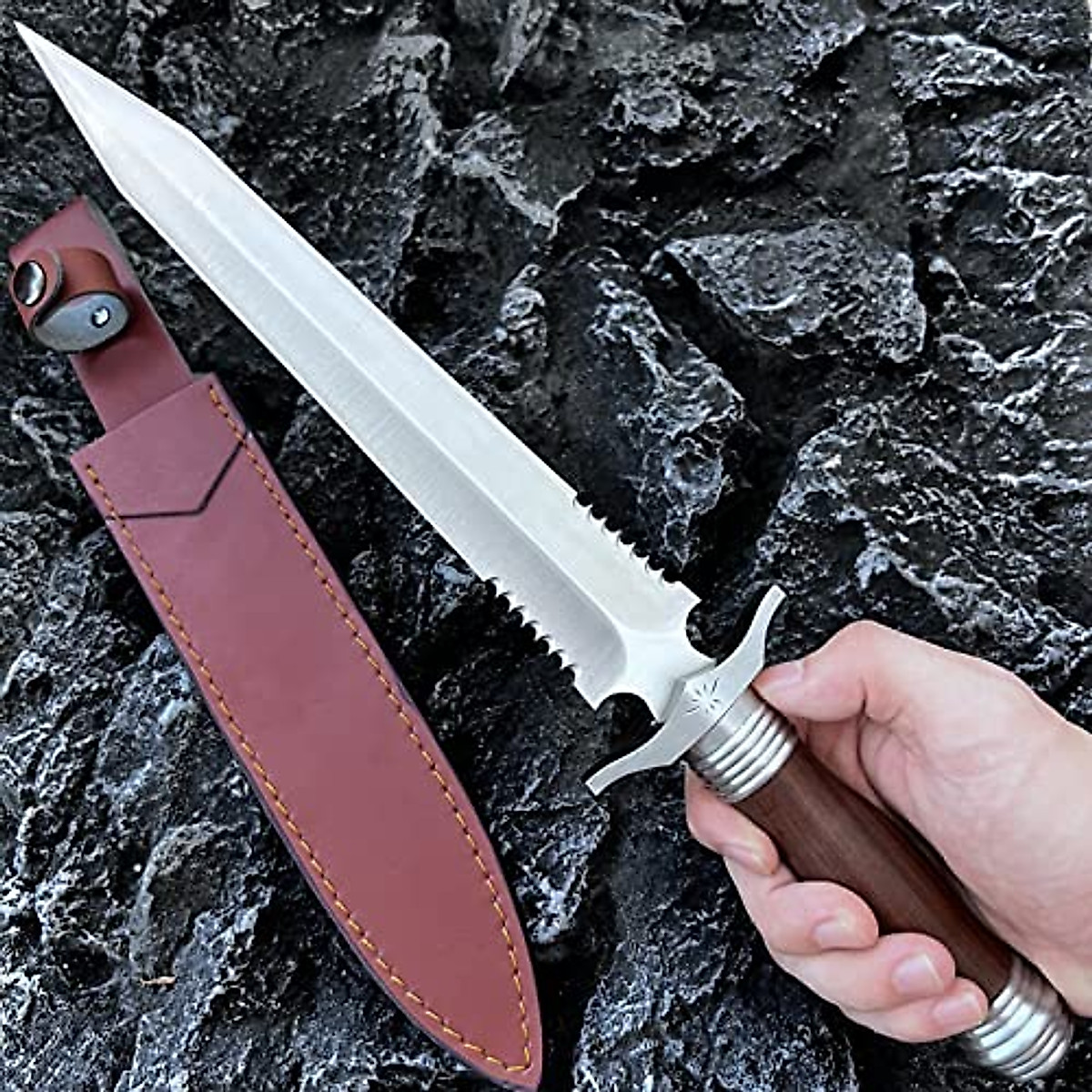 MADSABRE Fixed Blade Hunting Knife Saber with Leather Sheath, 15 Inches Outdoor Survival Tactical Knives, Double Edged Serrated Dagger Wood Handle
