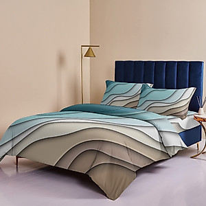 4 Pieces Duvet Cover Bedding Set Cal King Ultra Soft Quilted Luxury Washed Comforter Bedspread Bed Sheet Pillowcases Modern Teal Bule Brown Gradient for Bedroom Decor Geometric Abstract Beach