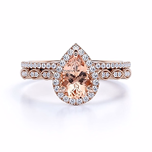 PB Collection Pear Shaped Morganite Engagement Ring Half eatrnity Wedding Band Bridal Ring Set for Women