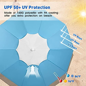 Portable Beach Umbrella for Sand: 7FT Arc Length 6.5FT Diameter Outdoor Umbrella with Anchor Heavy Duty and Adjustable Tilt Pole - UV 50+ Windproof Beach Umbrella with Carry Bag for Beach, Patio, Garden, Dark Blue Leaves