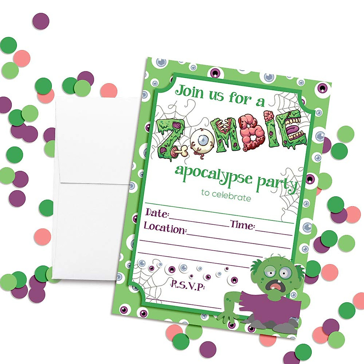 Zombie Apocalypse Halloween Birthday Party Invitations, 20 5x7 Fill In Cards with Twenty White Envelopes by AmandaCreation