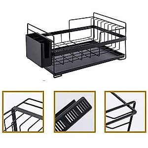 SUNFICON Dish Drainer Dish Drying Rack Kitchen Countertop Dishes Draining Holder Organizer with Drip Tray Cutlery Utensil Holder Heavy Duty Metal RV Studio Small Apartment 18.5x10.83x7.48in,Black