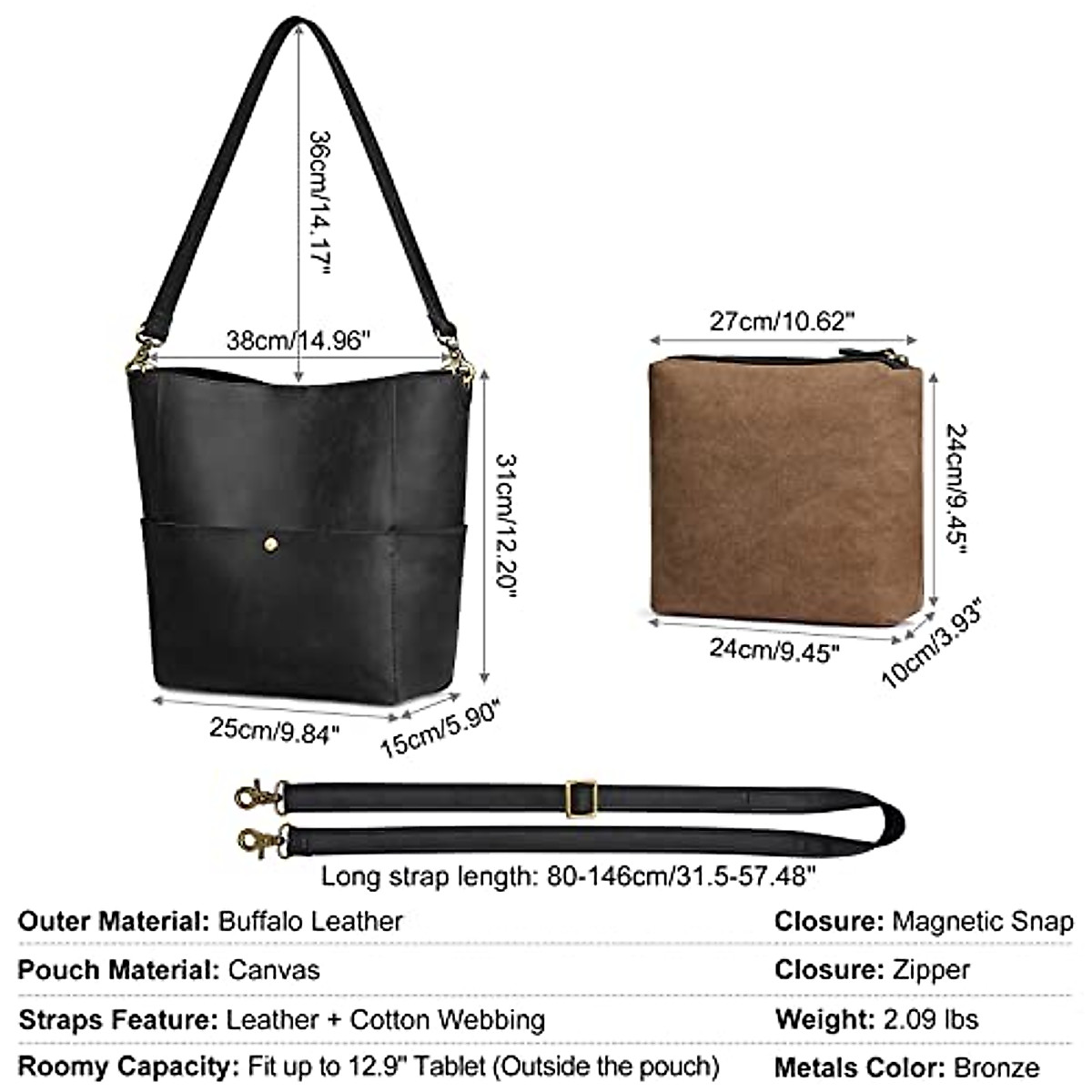 S-ZONE Women Genuine Leather Tote Bag Shoulder Handbag Bundle with Crossbody Bucket Purse